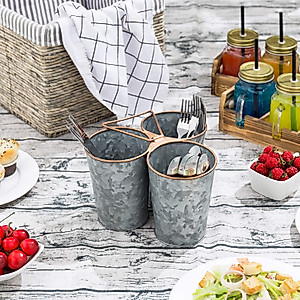 MyGift Galvanized Metal Utensil Holder Caddy with 3 Compartments, Copper Rim and Handle, Countertop Cutlery Storage, Flatware Organizer Holds Forks, Knives, Spoons - Handcrafted in India