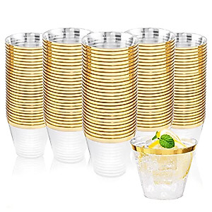 Nervure 120PCS Gold Plastic Cups - 9Oz Gold Rimmed Plastic Cups - Heavy Duty Disposable Clear Plastic Cups with Gold Rim Perfect for Weddings, Receptions & Parties