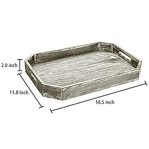 MyGift Gray Wood Serving Tray with Handles - Rustic Farmhouse Decor Breakfast, Ottoman, Coffee Table Decorative Tray with Angled Edges