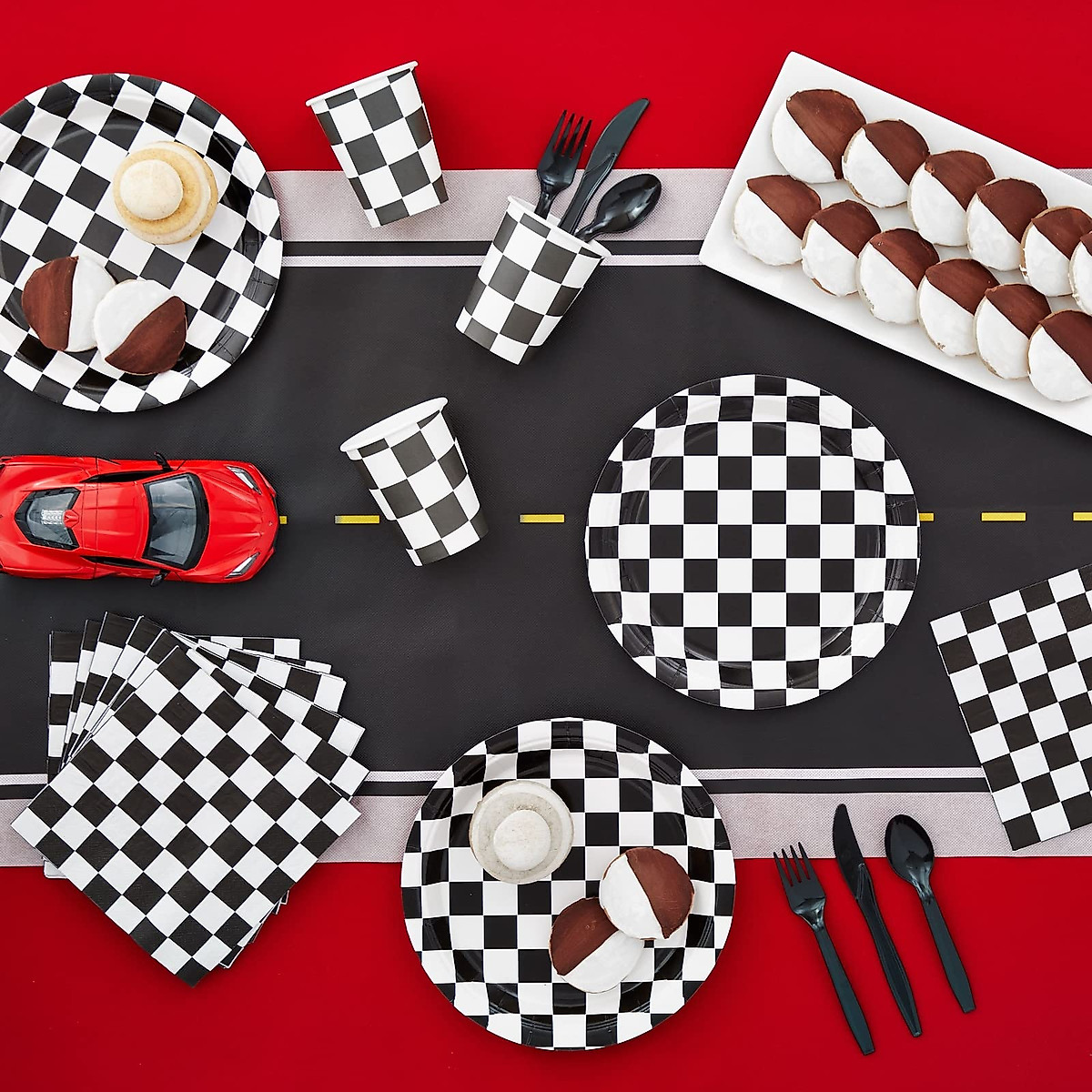 Juvale 144 Piece Race Car Birthday Party Supplies with Checkered Flag Plates, Napkins, Cups, and Cutlery (Serves 24)