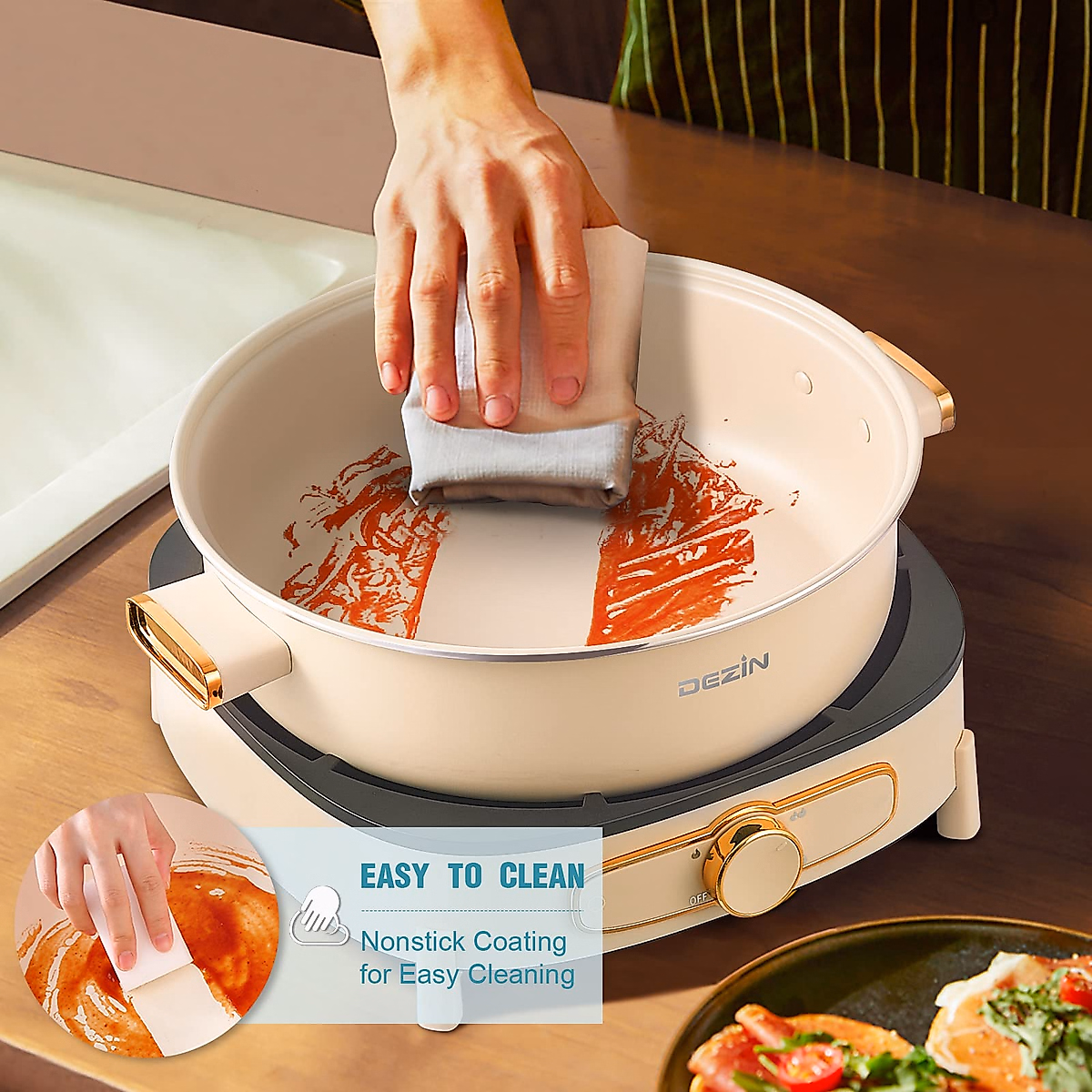 Dezin Electric Shabu Shabu Pot with Removable Pot, 5L Non-Stick Hot Pot Electric with Multi-Power Control, 3.7" Depth Electric Pot with Tempered Glass Lid for Party, Family and Friend Gathering