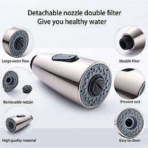Kitchen Faucet Sprayer Head 3-Function Nozzle Spout G1/2 Connector Pull Down Pull Out Kitchen Tap Hose Sprayer Filter Sink Spray Head Replacement Part Brushed Nickel Black