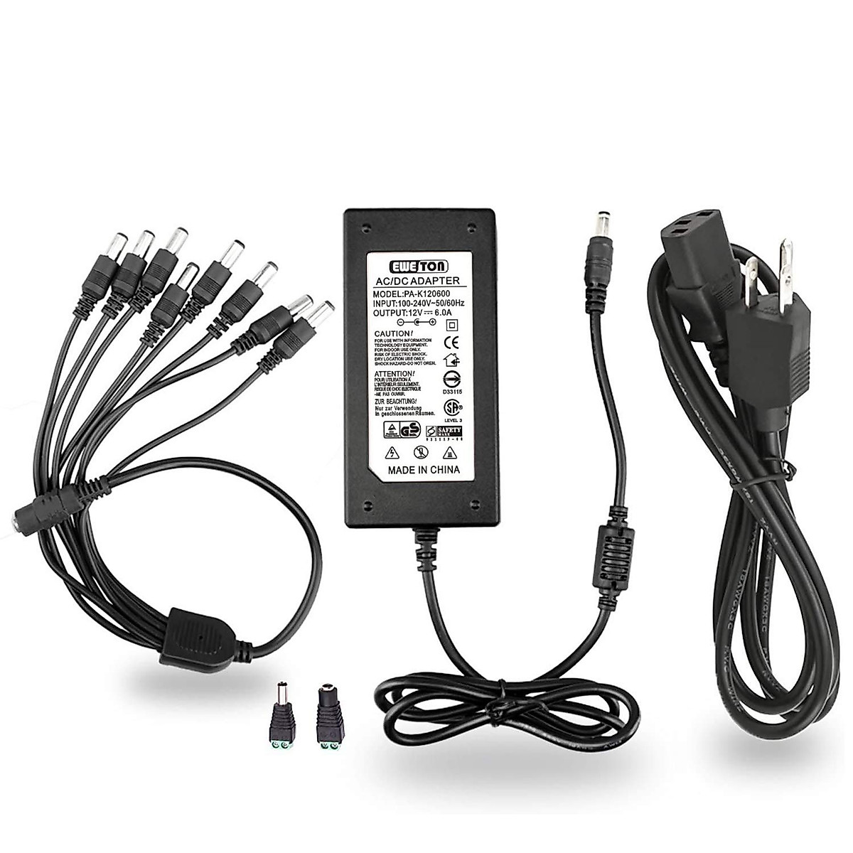 EWETON Power Adapter 12V 6A 72W 3-Pin Plug 100V-240V AC to DC 2.1x5.5mm w/ 8-Way Power Splitter Cable & DC Power Jack Connector Power Supply for CCTV Security Camera DVR, LED Strip Lights