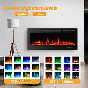 CharaVector Electric Fireplaces Recessed Wall Mounted Fireplace Insert 50 Inch Wide Heater LED Fire Place Remote Control & Touch Screen, 1-12 Hours Timer, 12 Color Flame and Log Color