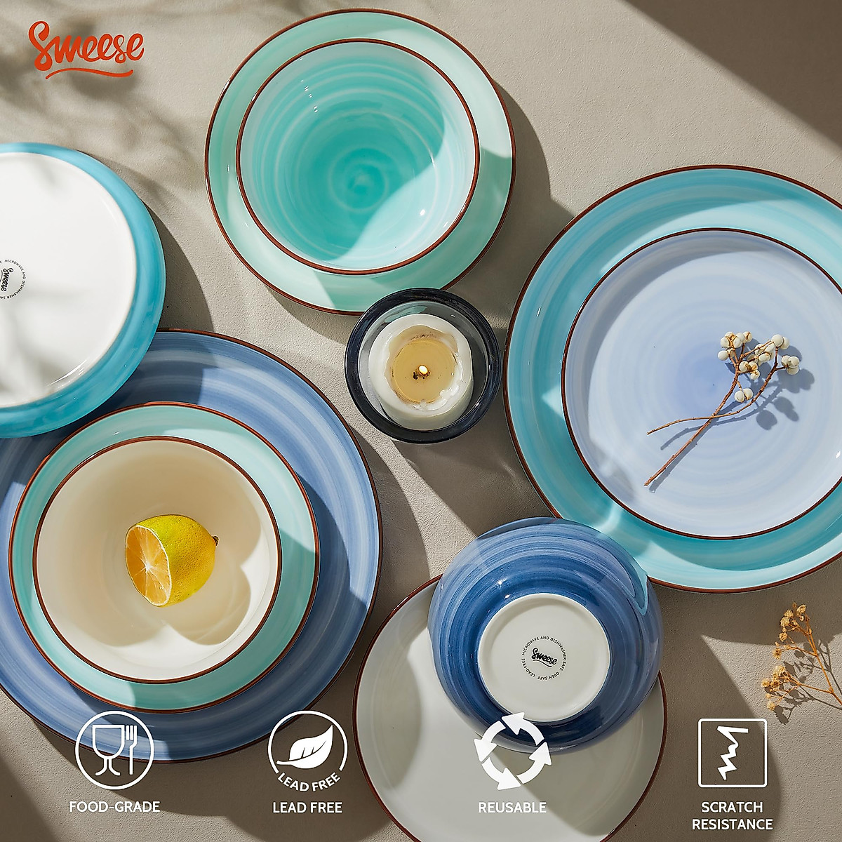 Sweese Plates and Bowls Sets, 18 Piece Dinnerware Set Porcelain Round Dinner Set for 6, Scratch Resistant Dishes Set, Dishwasher and Oven Microwave Safe Handpainted Swirl Dishware Sets, Assorted Blue