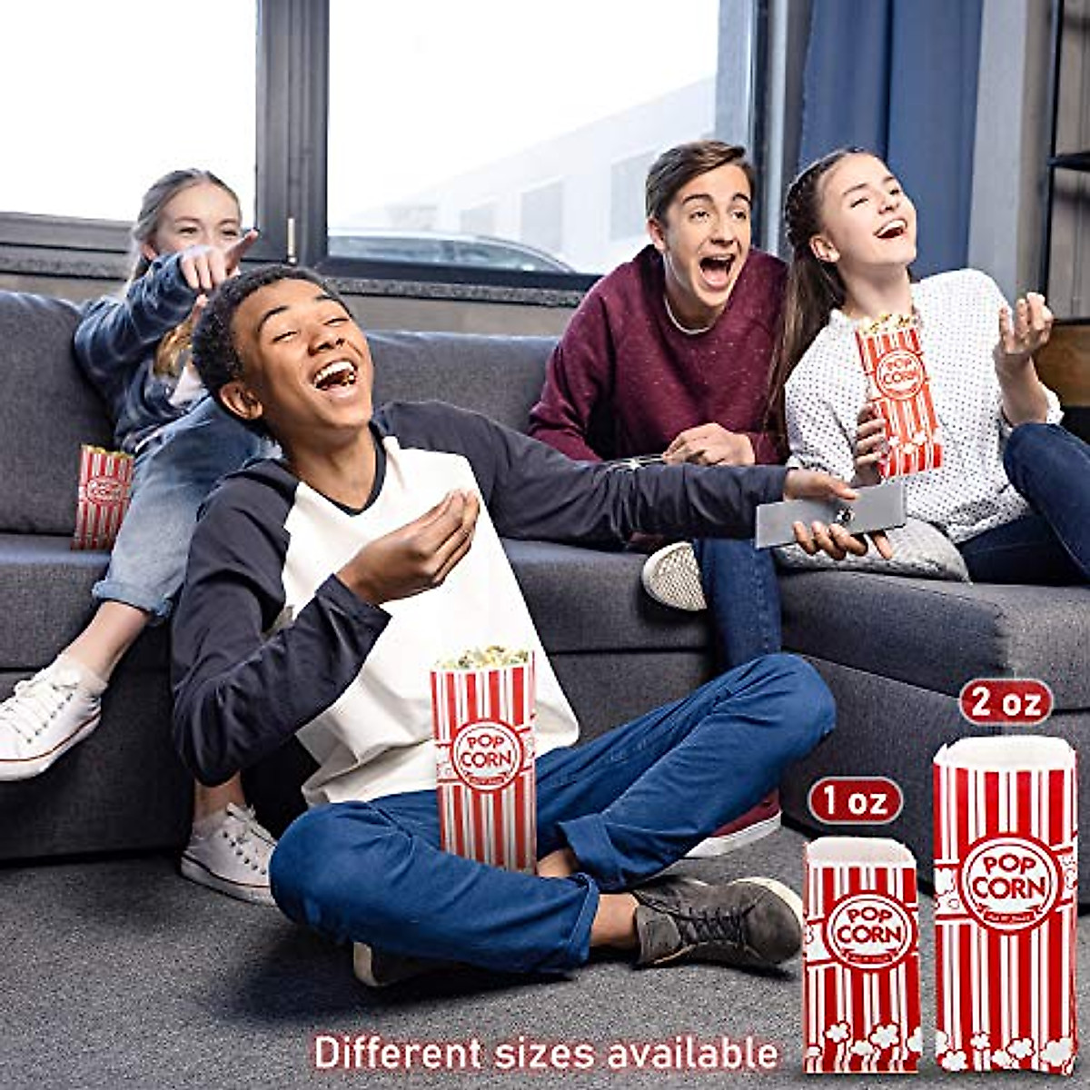 [250 Pack] Popcorn Bags 2 oz - Disposable Paper Popcorn Container, Red and White Striped Leak Proof Flat Bottom for Movie Night Snacks, Concessions, Birthday Party, Circus Carnival Decorations