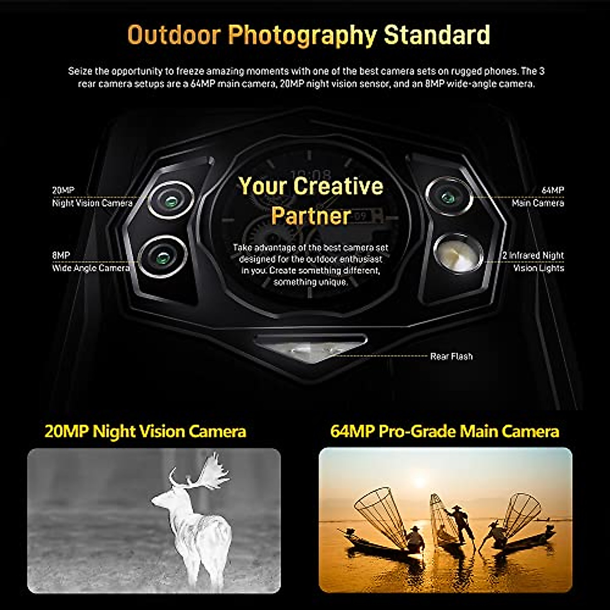 DOOGEE S98 Unlocked Rugged Smartphone, MTK G96 8GB+256GB Android 12 IP68 Waterproof Phone, 64MP+20M Night Vision Camera, 6.3"FHD+, 6000mAh, Global Unlocked Dual SIM 4G Rugged Phone NFC OTG GPS, Black