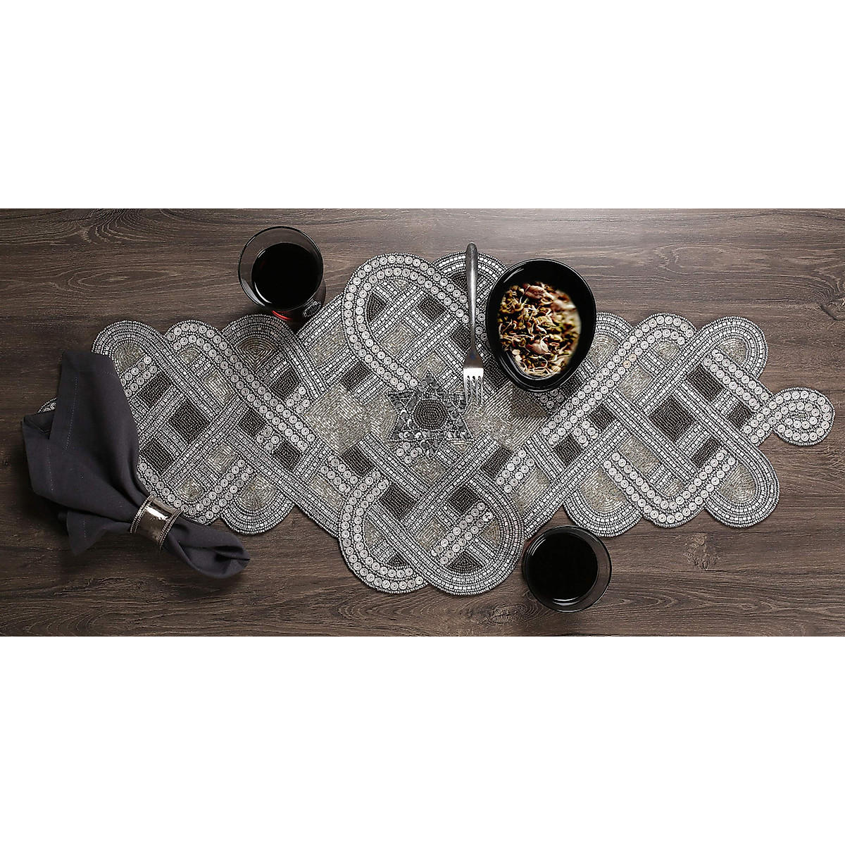 Alpha Living Home Handmade Fancy Scrolled Embroidery Beaded Table Runner for Tabletop and Kitchen Grey/Silver - Home Decor Mat for Wedding Party Family Gathering - Pack of 1 Measure 15.5 x 35 inches