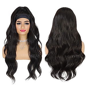 SALLYWELL Long Wavy Headband Wig for Black Women Synthetic Headband Wigs 180% Density Body Wave Headband Wig Full Ends Glueless Headband Wigs Heat Resistant 24 inch