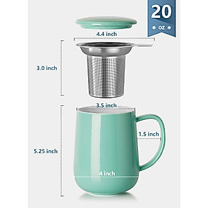 Sweese 20 OZ Porcelain Tea Mug with Infuser and Lid, Loose Leaf Tea Cup, Gifts for Tea Lover - Mint Green