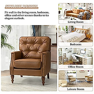 HULALA HOME Faux Leather Accent Chair Set of 2 with Nailhead Trim, Button Tufted Comfy Upholstered Armchair with Removable Cushion, Traditional Single Sofa Chair for Living Room Bedroom Office, Camel