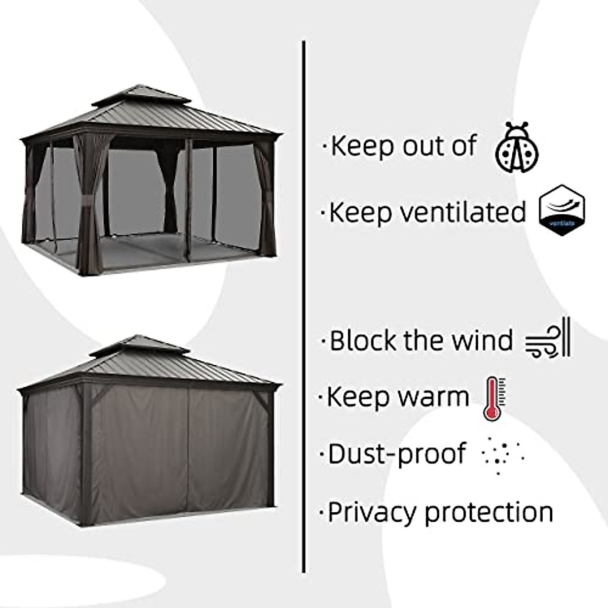 PURPLE LEAF 10' X 14' Permanent Hardtop Gazebo Aluminum Gazebo with Galvanized Steel Double Roof for Patio Lawn and Garden, Curtains and Netting Included, Grey