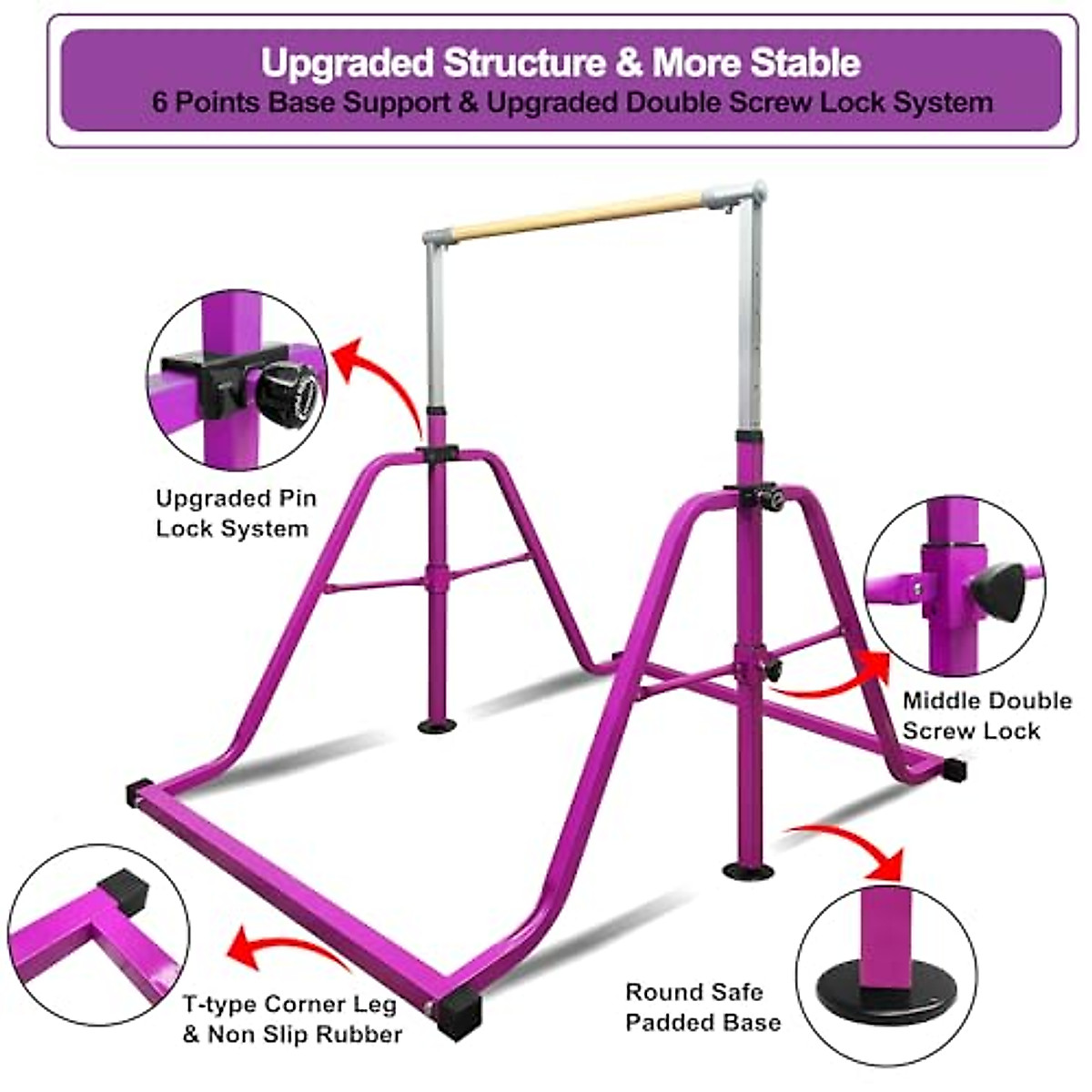 YANGG Foldable Gymnastics Kip Bar for Kids,3'to 5' Adjustable Height Horizontal Bar,Home Gym Equipment for Home Training (Without MAT, Purple)