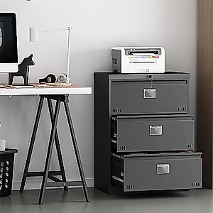 TOPKEY 3 Drawer Lateral File Cabinet with Lock, Metal Filing Storage Vertical Cabinets for Home Office Hanging Letter/Legal/F4/A4, Lockable Metal Horizontal File Cabinet with Card Slot（Black