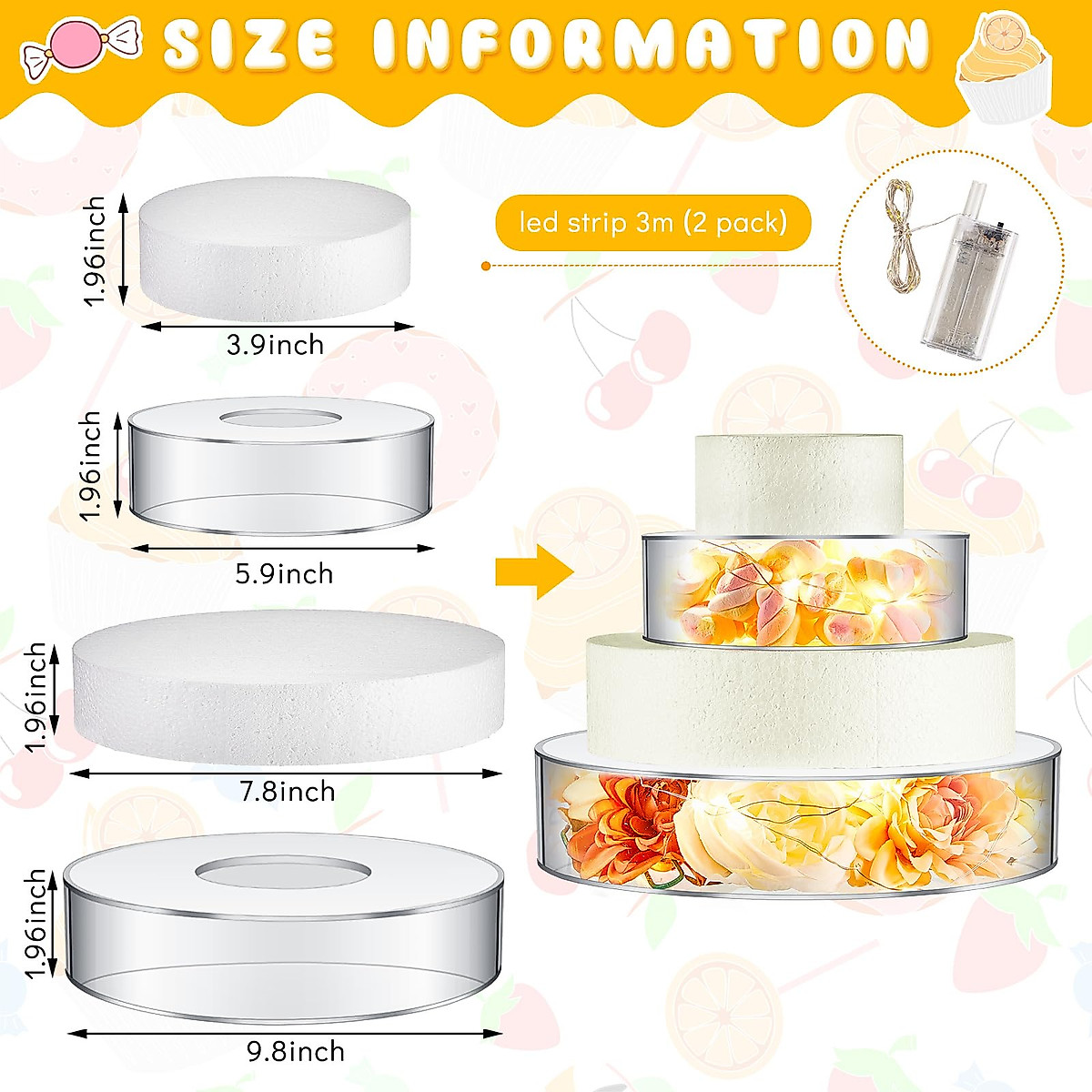 Tioncy 6 Pcs Clear Acrylic Cake Stand Fillable Cake Box Riser LED Fairy Lights Starry Fairy Lights Round Foam Cake Dummy Set Faux Cake for Cupcake Dessert Birthday Wedding Party