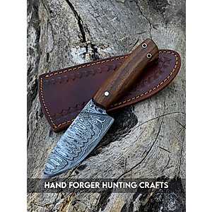 Hand Forger Hunting Crafts 10" Damascus Steel Gut Hook Full Tang Fixed Blade Hunting Knife with Sheath - Stag Horn Antler Handle (Rose Wood)