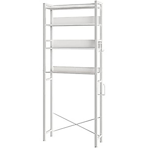 Rolanstar Over The Toilet Storage, 4-Tier Wooden Bathroom Space Saver with Hooks, Freestanding Bathroom Organizer, Multifunctional Over The Toilet Storage Rack, Bathroom Toilet Rack, White