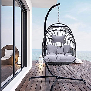 NICESOUL® Indoor Outdoor Patio Wicker Hanging Egg Chair Swing Hammock Egg Chairs UV Resistant Cushions 350lbs Capaticy for Patio Bedroom Balcony (Grey)