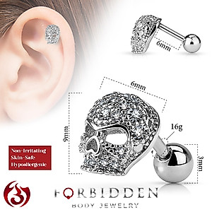 Forbidden Body Jewelry Surgical Steel Skull Earrings Micro CZ Paved Cartilage Stud 16G