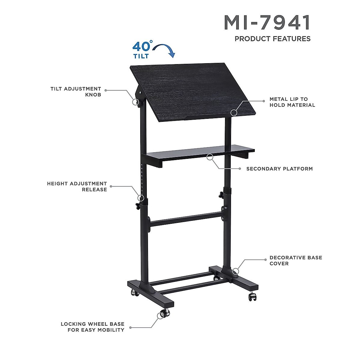 Mount-It! Mobile Stand Up Desk, Portable Podium and Presentation Lectern Height-Adjustable Multi-Purpose Standing Workstation,Black.