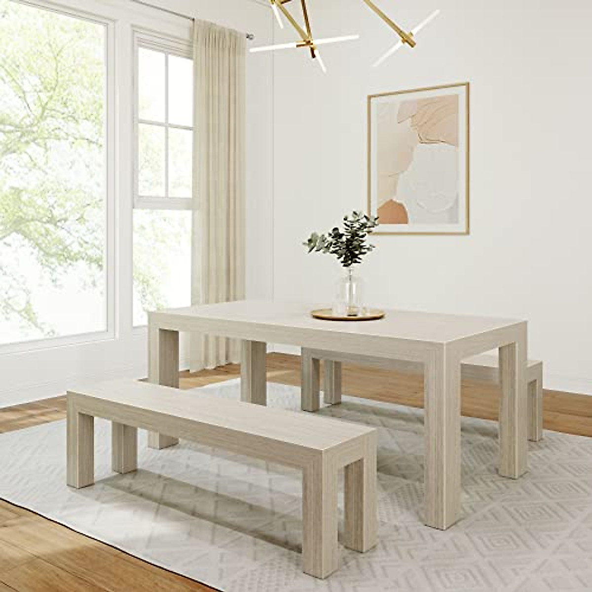 Plank+Beam Modern Wood Dining Table Set, Solid Wood Dining Table with 2 Benches for Dining Room/Kitchen, Seashell Wirebrush
