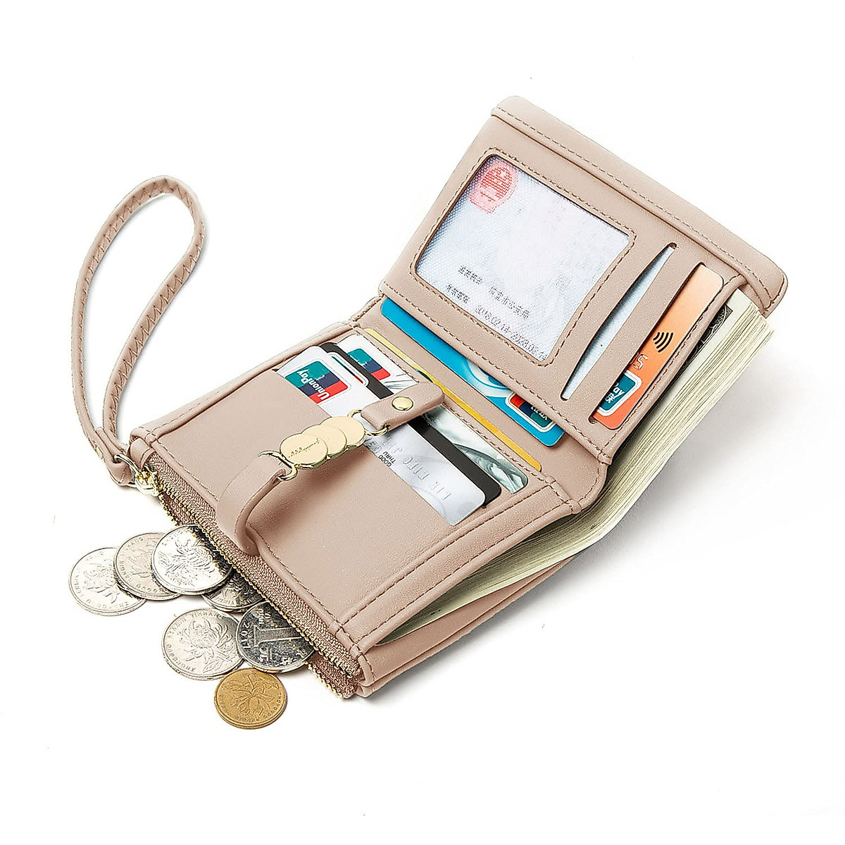 AOXONEL Womens Wallets Small Rfid Bifold Wristlet,Ladies Wallets for Card Coin,Change Purse with Wrist Strap (Beige)