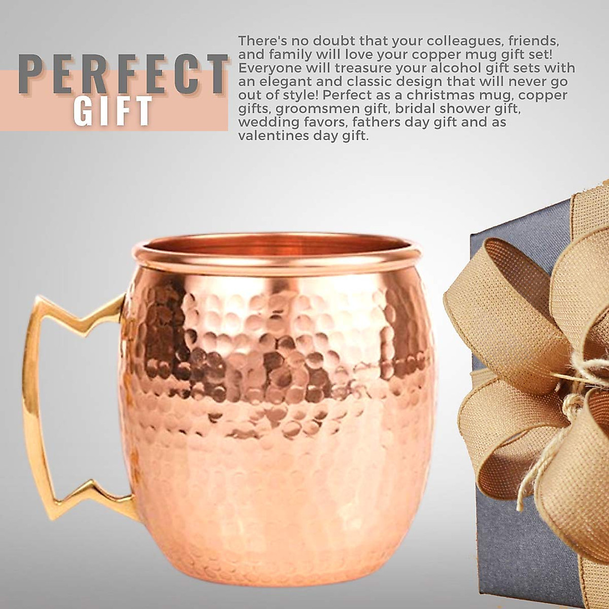 Kitchen Science [Gift Set] Moscow Mule Copper Mugs Set of 8 (16oz) w/Straws & Jigger | 100% Pure Copper Cups, Tarnish-Resistant Food Grade Lacquered Finish, Ergonomic Handle (No Rivet) w/Solid Grip