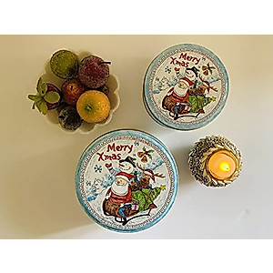HADAAYA Round Merry Xmas Christmas Decorative Holiday Gifting tins, Set of 2. watercolor painted look with Santa, Snowman & Reindeer moose with Xmas tree