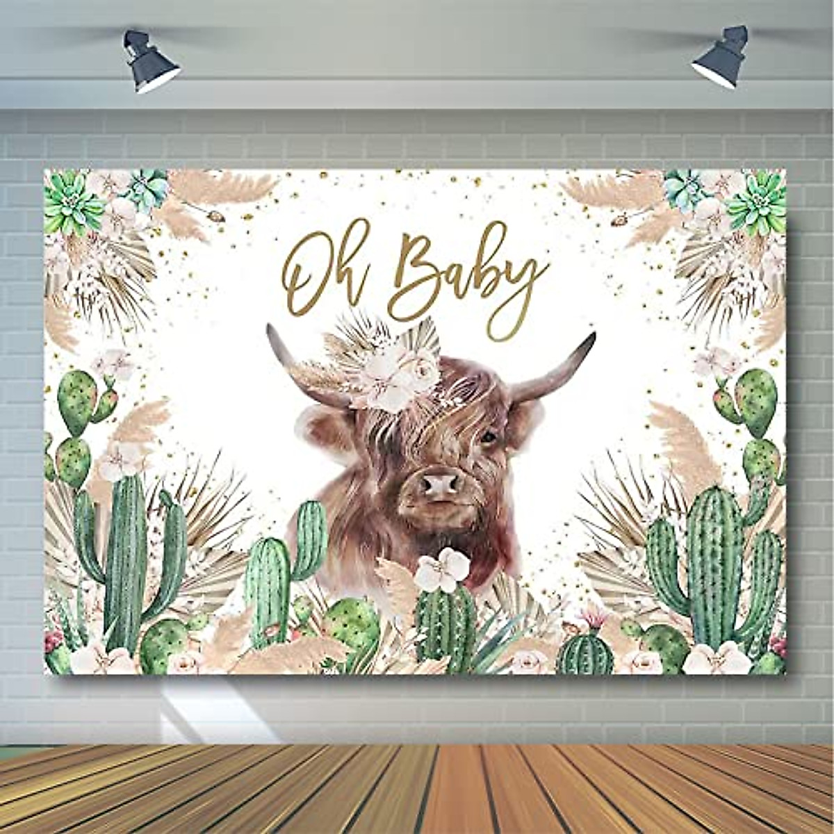 Avezano Oh Baby Backdrop Highland Cow Baby Shower Party Decorations for Boys Girls Mexican Cactus Pampas Grass Floral Baby Shower Photography Background Supplies (7x5ft)
