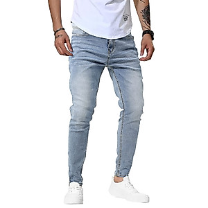 Mens Jeans Slim Fit Light Blue Distressed Skinny Jeans for Men Buckle Tapered Denim Jeans Stretch Fit Long Jean Pants