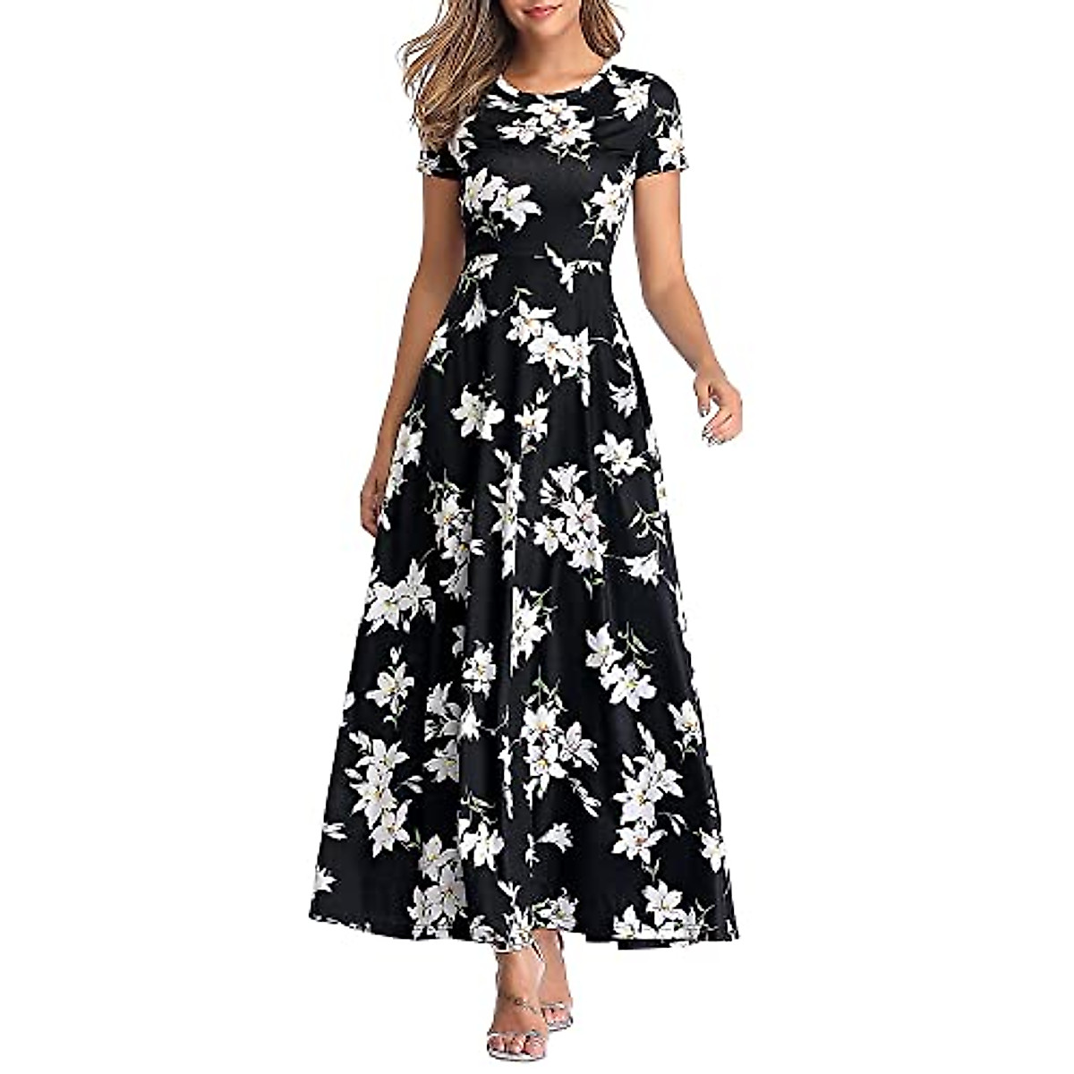 ZABERRY Womens Floral Maxi Dresses Summer Short Sleeve Round Neck Long Dress Lily Floral L