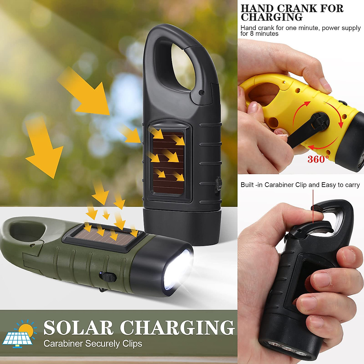 Leelosp 9 Pieces Hand Crank Solar Powered Flashlights, Emergency Rechargeable LED Flashlight Survival Flashlight Gear Self Powered Charging Torch for Outdoor Sports Hiking Camping, Green Yellow Black