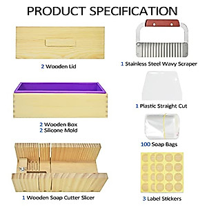 Artcome Loaf Soap Making Cutting Mold Kit 2Pcs 42oz Rectangular Silicone Soap Mold, 2Pcs Wooden Box with Lid, Adjustable Wooden Soap Cutting Tool with Stainless Steel Wavy & Plastic Straight Cutter