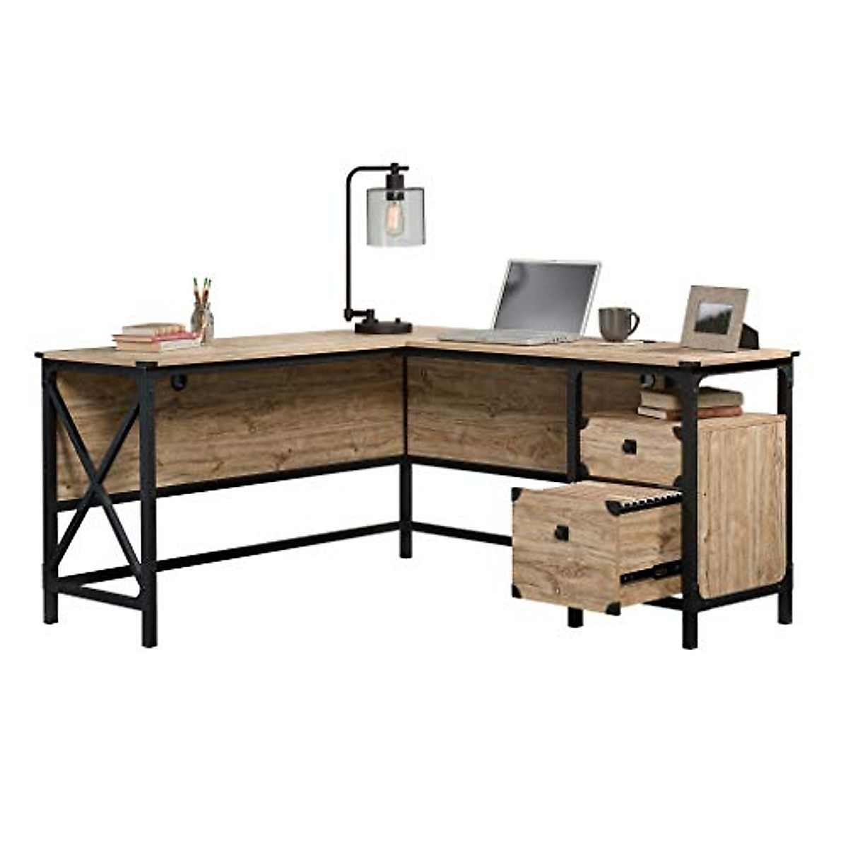 Sauder Steel River L-Shaped Desk, L: 59.84" x W: 57.32" x H: 29.53", Milled Mesquite Finish