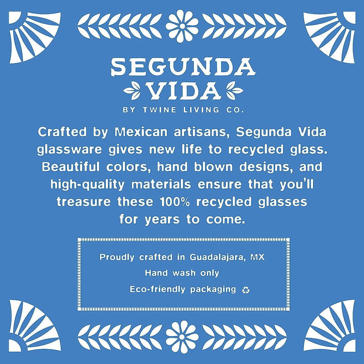 Segunda Vida Primavera Stemmed Margarita Glasses - Blue Rim Margarita Glass Set Made in Mexico - 100% Recycled Glass 10oz Set of 2