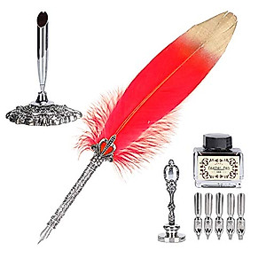 GLOGLOW Feather Pen Set, Vintage Calligraphy Writing Pen Kit with 5pcs Replacement Nib, Seal, Empty Ink Bottle for Office Stationery(Red)