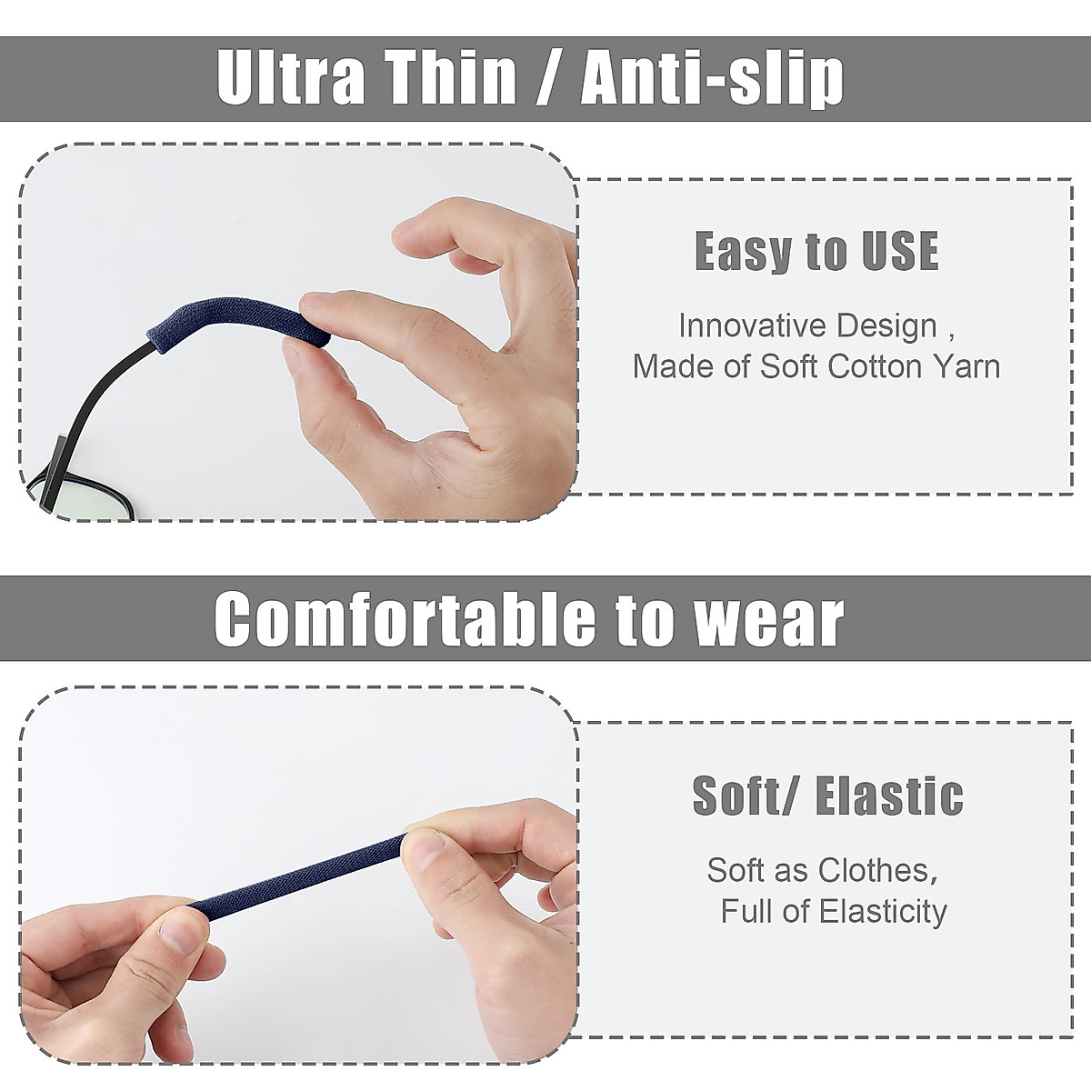 PEUTIER 4pcs Eyeglass Ear Cushions, Knitted Cotton Anti Slip Temple Pads Eyeglass Temple Tips Eyeglass Ear Pads Eyewear Retainer Glasses Arm Sleeve for Sunglasses Glasses Reading Glasses (Navy Blue)