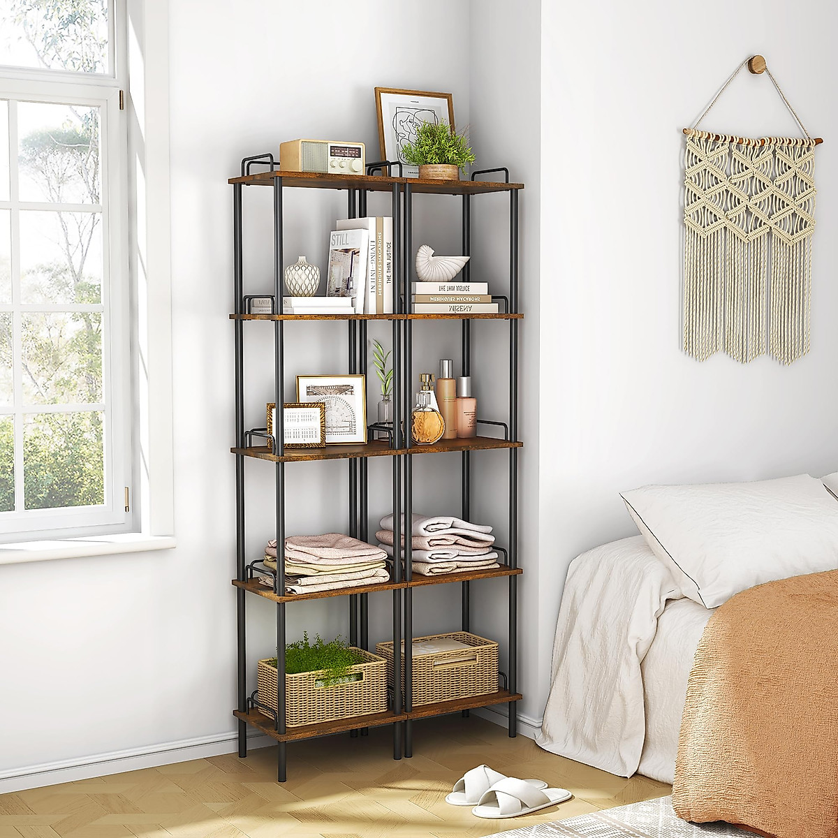 Gewudraw 5-Tier Tall Bookshelf, Narrow Bookcase with guardrail, Freestanding Storage Stand Display Rack for Living Room, Bedroom, Home Office, 11 x 14 x 59 Inches, Rustic Brown and Black