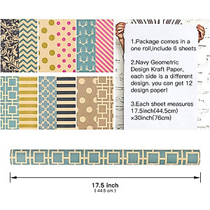 RUSPEPA Reversible Kraft Wrapping Paper Sheet - Navy Geometric Design Kraft Paper - 6 Sheets Packed as 1 roll - 17.5 x 30 inches per Sheet