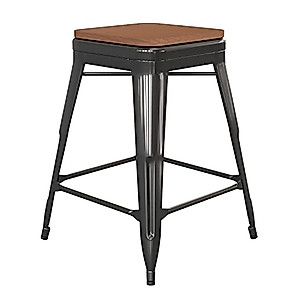 BizChair Commercial Grade 24" High Backless Black Metal Indoor-Outdoor Counter Height Stool with Teak Poly Resin Wood Seat