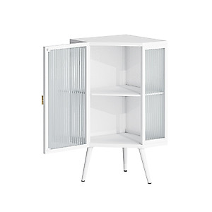 QMIT Corner Cabinet Table with Glass Doors, Small Metal Corner Storage Table ，Corner Hutch Cabinet for Bathroom, Living Room, Bedroom Kitchen (White—2 Tier)