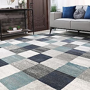 Superior Indoor Area Rug, Neutral Modern Geometric Home Decor For Living Room, Dining, Kitchen, Bedroom, Office, Nursery, Woven Rugs, Jute Backing, Rockaway Collection, 9' x 12', Majolica Blue