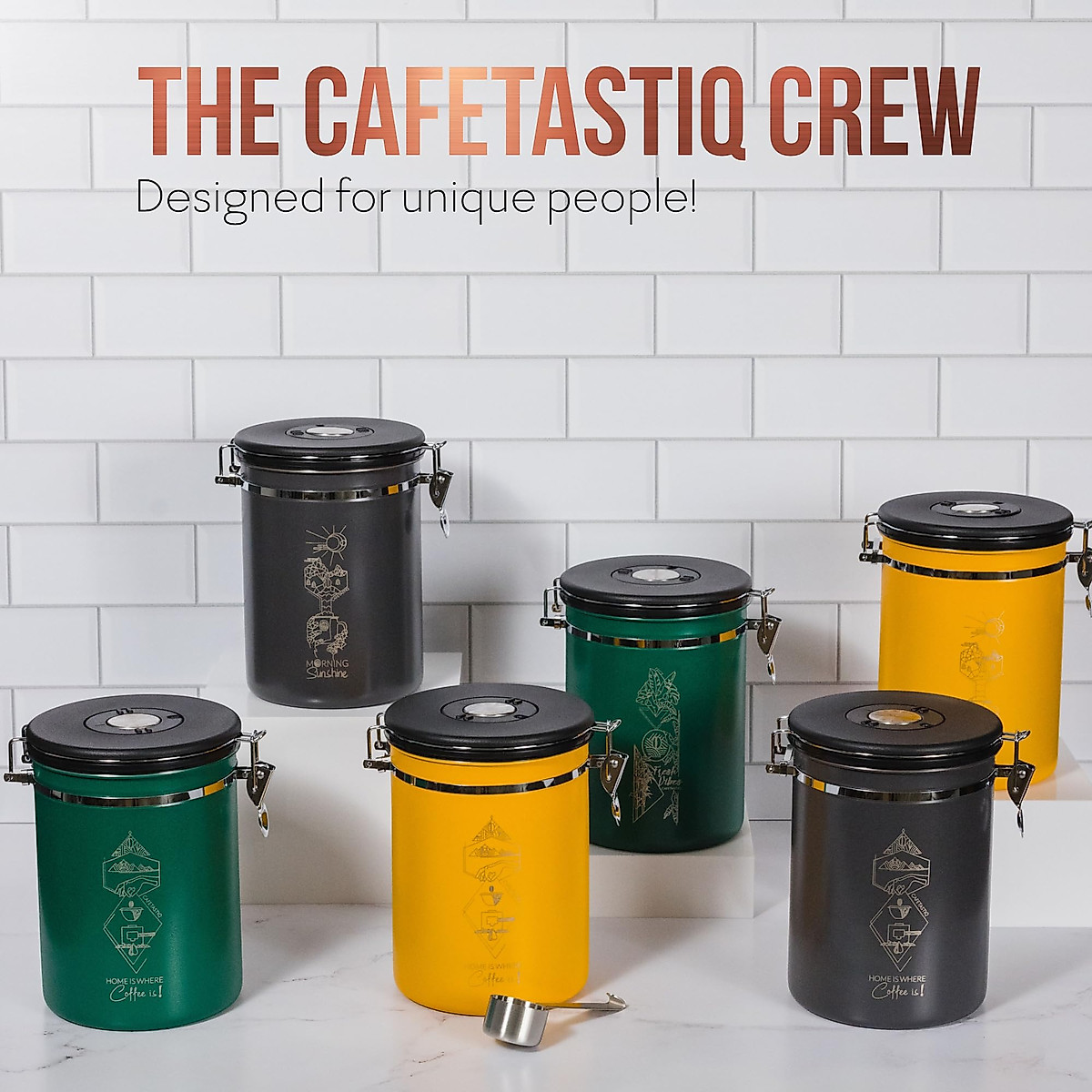 CafetastiQ 38oz / 22oz Coffee Canister – Airtight Stainless Steel Storage Container with Date Tracker & Scoop, Sealed Jar for Grounds, Beans, Tea, Flour, Cereal, and Sugar (Gray Home, 22OZ)