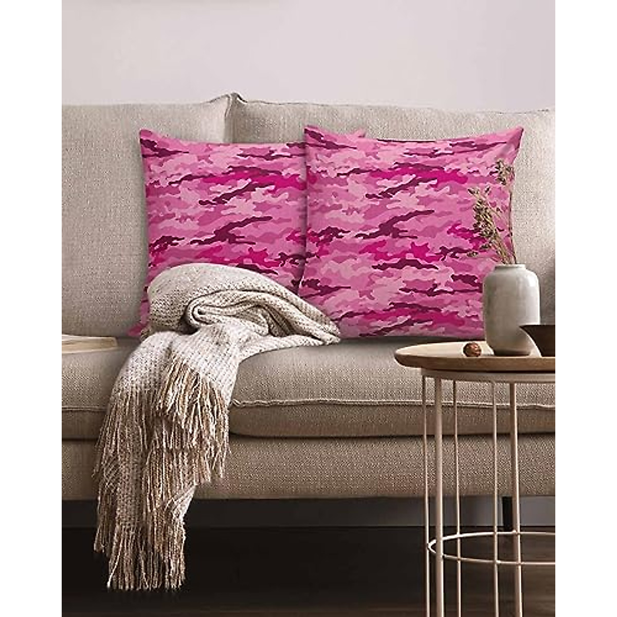 2 Packs Decorative Cotton Throw Pillow Covers, Camouflage Netting Camo Pink 18 x 18 Inch Square Reversible Soft Cushion Case for Couch Bedroom Sofa Living Room Chair Car