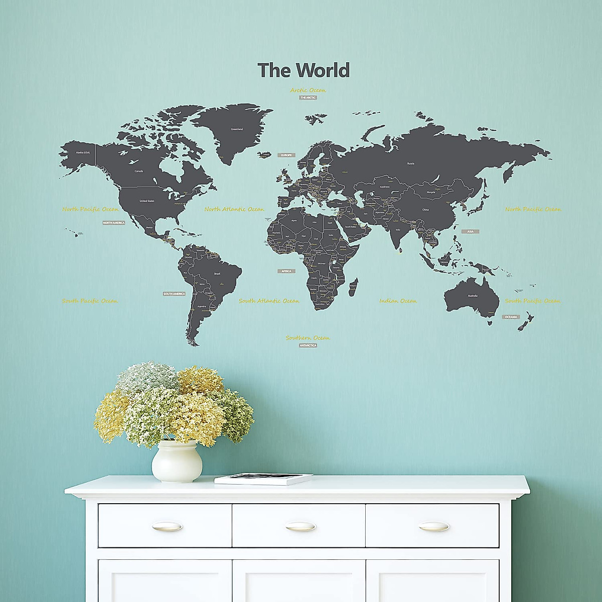 DECOWALL DL2-1509G Large Modern Grey World Map Kids Wall Stickers (46x27 inch) Wall Decals Peel and Stick Removable Wall Stickers for Kids Nursery Bedroom Living Room Decor