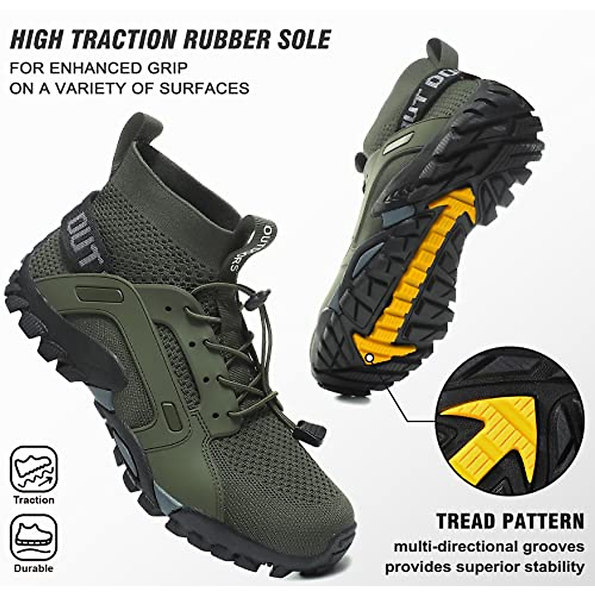 LOUECHY Men's Hiking Shoes Slip-On Walking Shoes Breathable Sock Sneakers 8305-41 Army Green-8