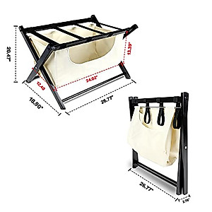 Luggage Rack Pack of 4, with Detachable Laundry Bag, Premium Texture Solid Wood Luggage Rack for Guest Room, Nylon with Foldable Suitcase Rack for Max 200LBS Load, Dirty Clothes Storage, Suitable for Hotel Rooms