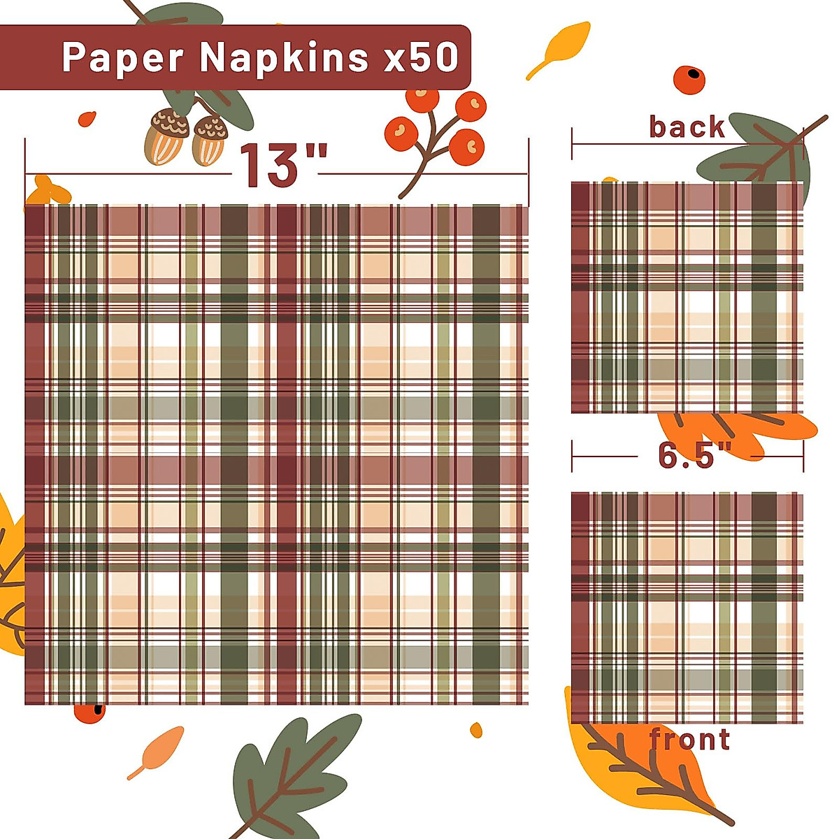 ​Quera 50 Pack Fall Paper Napkins Harvest Plaid Autumn Cocktail Napkins Thanksgiving Party Supplies Disposable Bar Napkins for Thanksgiving Party, Engagement, Baby Shower, Celebration Party.