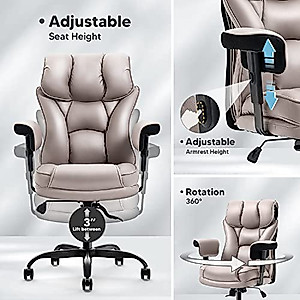YAMASORO Big and Tall Office Chair 400lbs, Leathaire Cushy Seat and Adjustable Armrests Heavy Duty Executive Desk Chair with Wheels, Beige