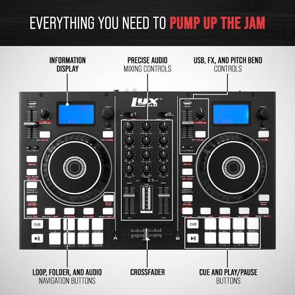 LyxJam 2-Deck DJ Controller, Mixing Console with LCD Display, with FREE Download for Virtual DJ LE, with CR3-X 50 watts Multimedia Monitors, Sound Activated DJ Light & Professional DJ Headphones
